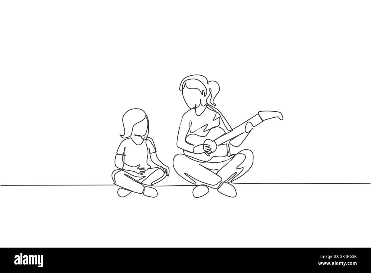 One single line drawing of young mom playing guitar and happy singing ...