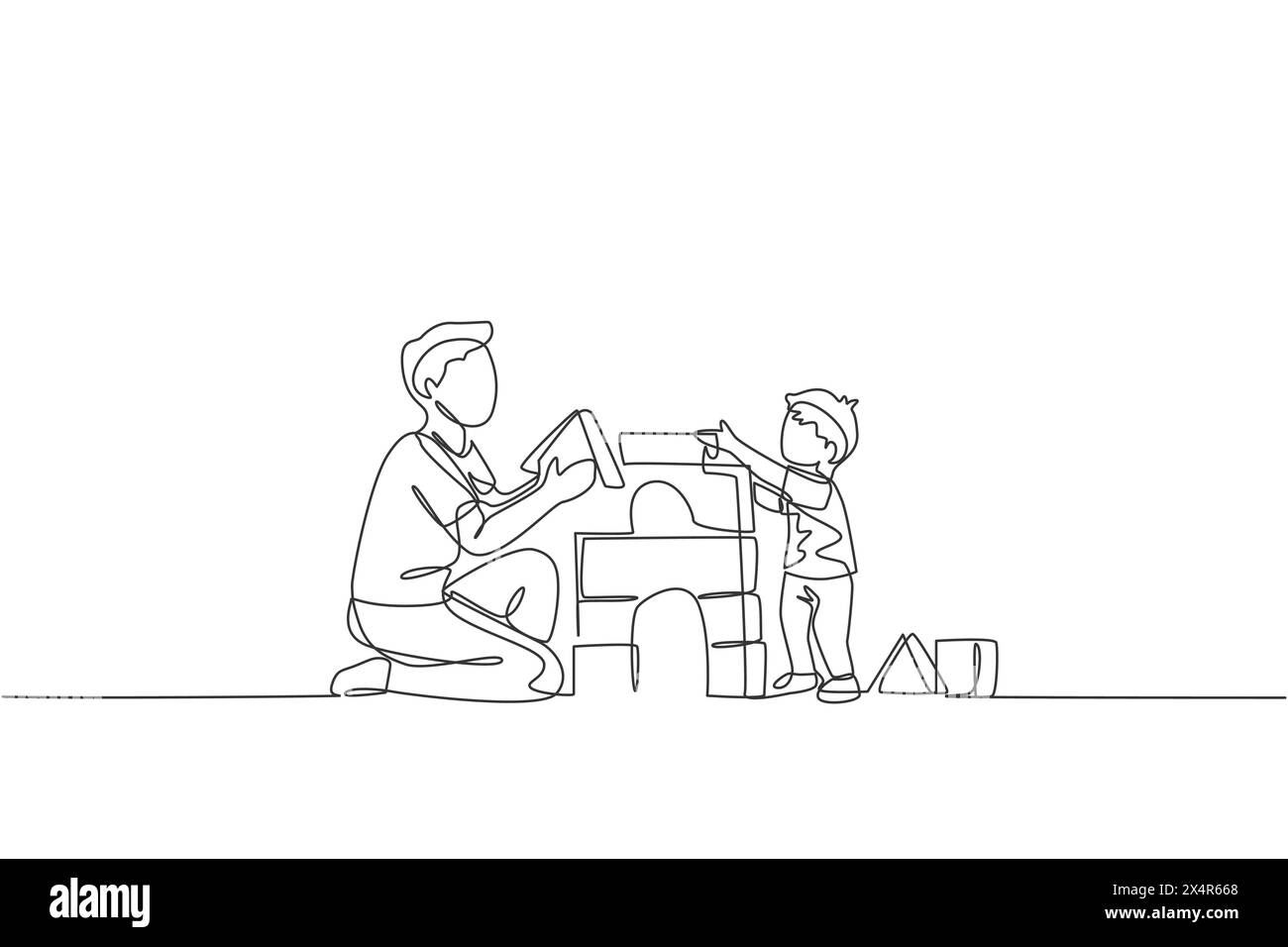One continuous line drawing of young happy dad playing with son ...