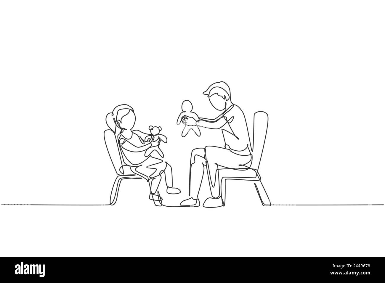 One continuous line drawing young father and his daughter siting on ...