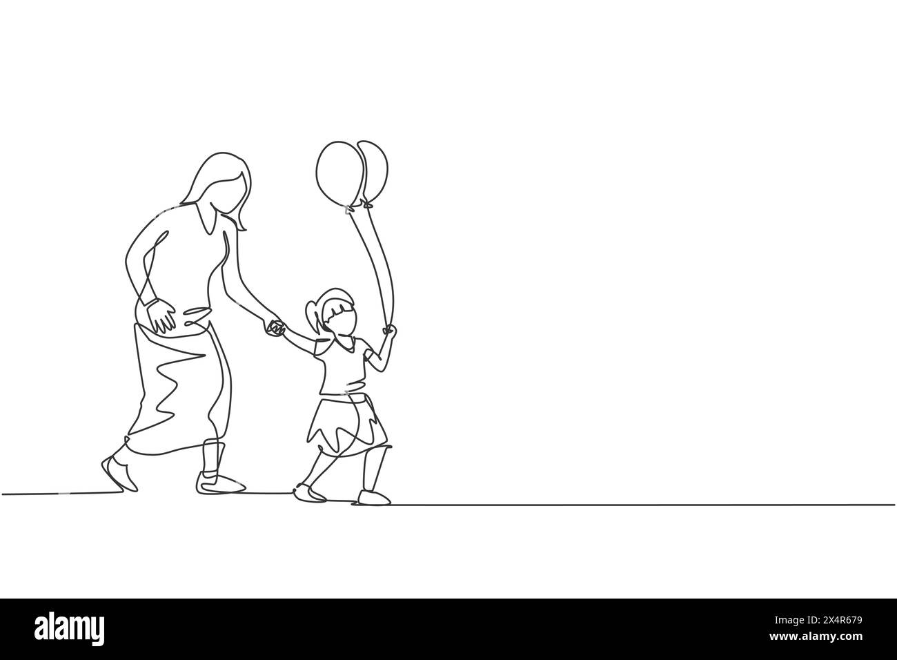 Single continuous line drawing young mom and her daughter go to night ...