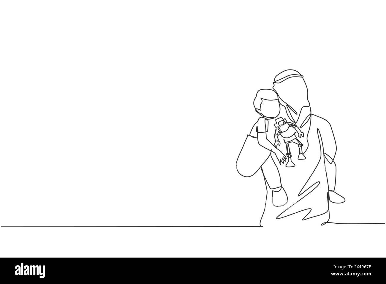 One single line drawing of young Arabian father hugging his boy son ...