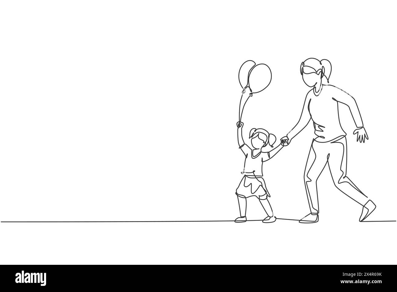Single continuous line drawing of young mother and her daughter go to ...