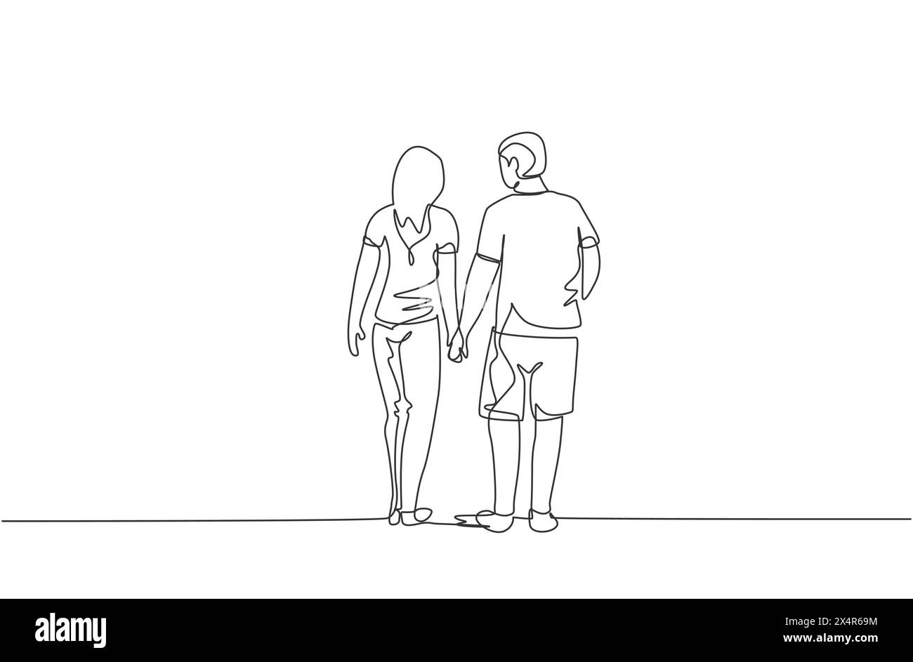One continuous line drawing of young couple wife and husband walking ...