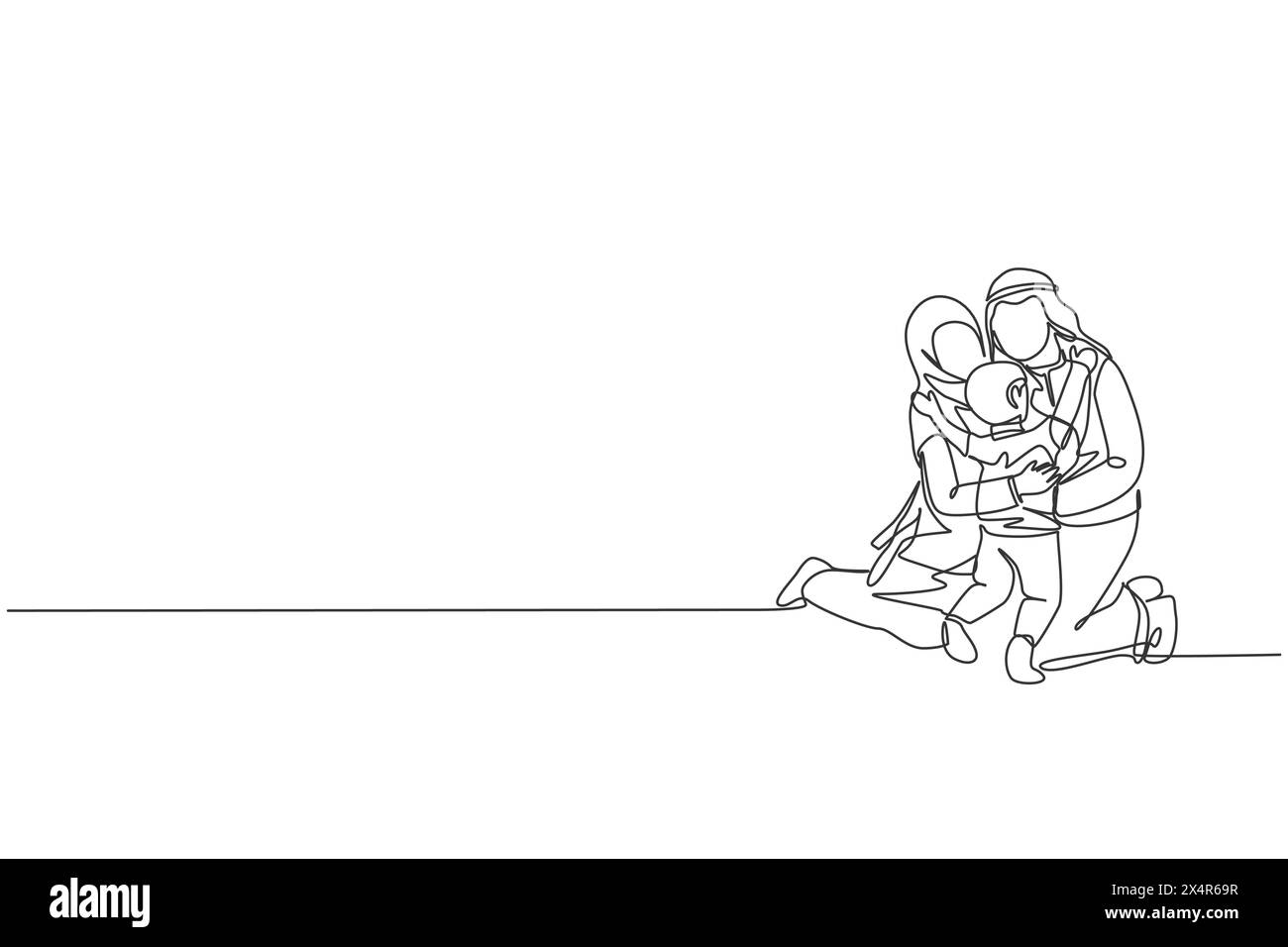 One continuous line drawing of young happy Islamic mom and dad hugging their boy son together on ...