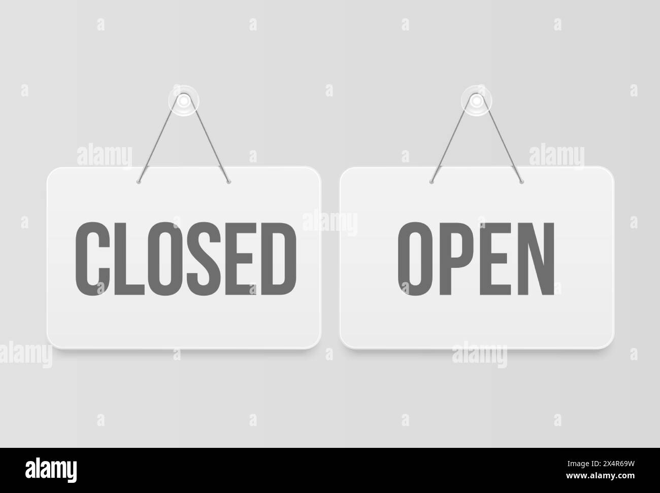 Closed and closed signs, door signage, vector realistic isolated white hanging boards. Open and ...