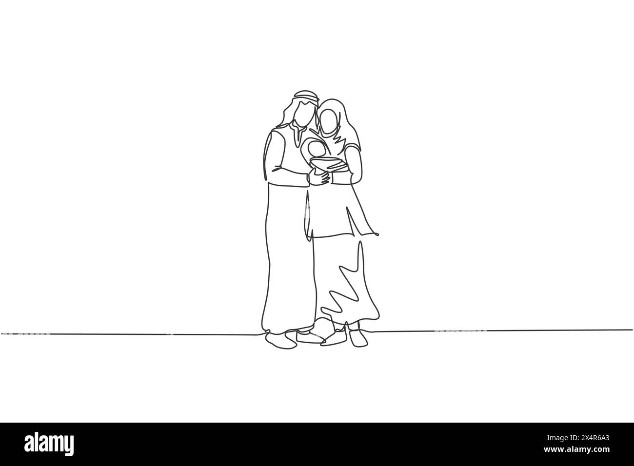 One continuous line drawing of young Islamic dad and mom standing and ...