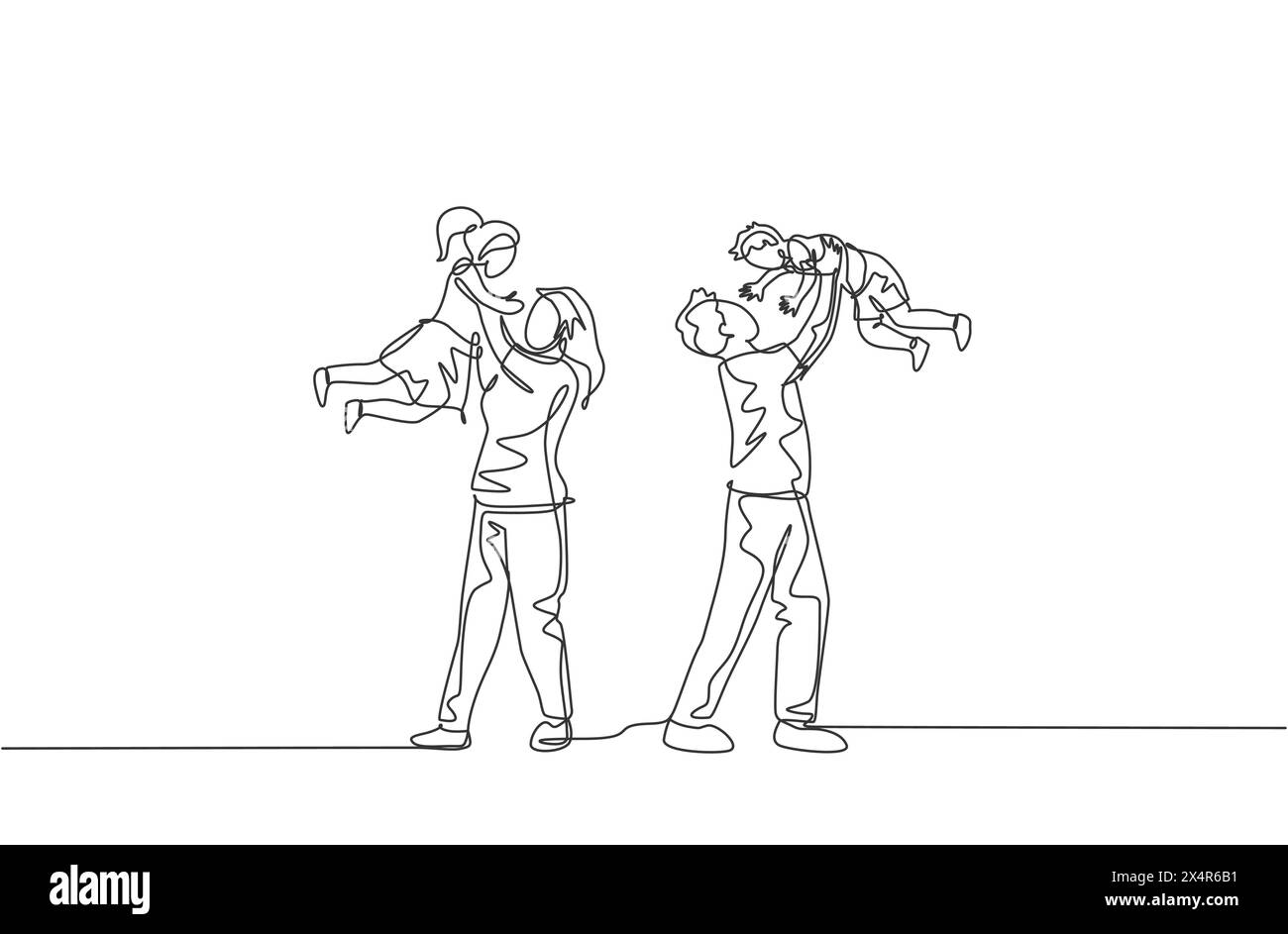 One single line drawing of young mother and father raising their son ...