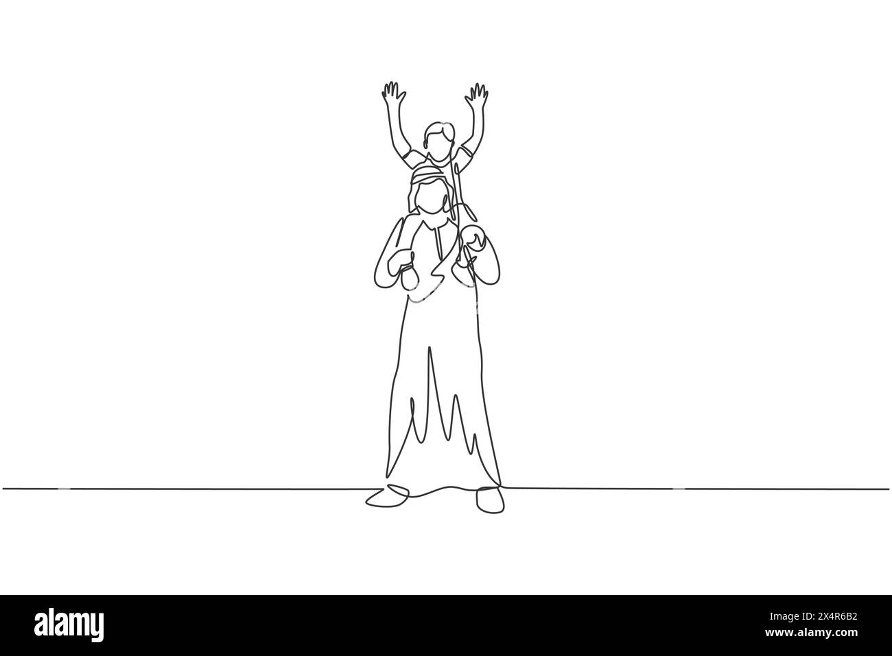 Single continuous line drawing of young happy Islamic dad playing and ...