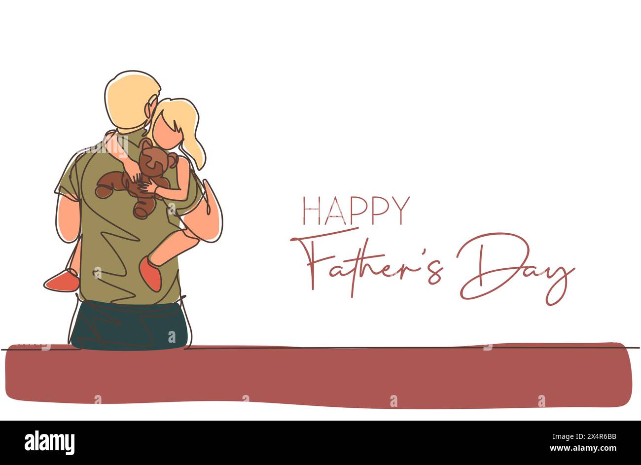 Single continuous line drawing of young father carrying his sleepy ...