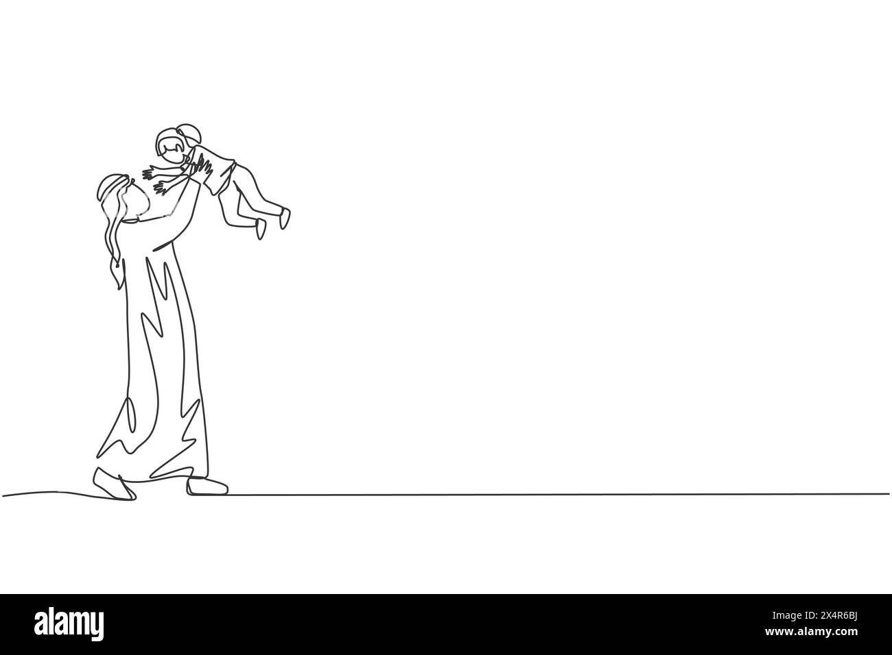 Single continuous line drawing of young Islamic dad playing and lifting ...