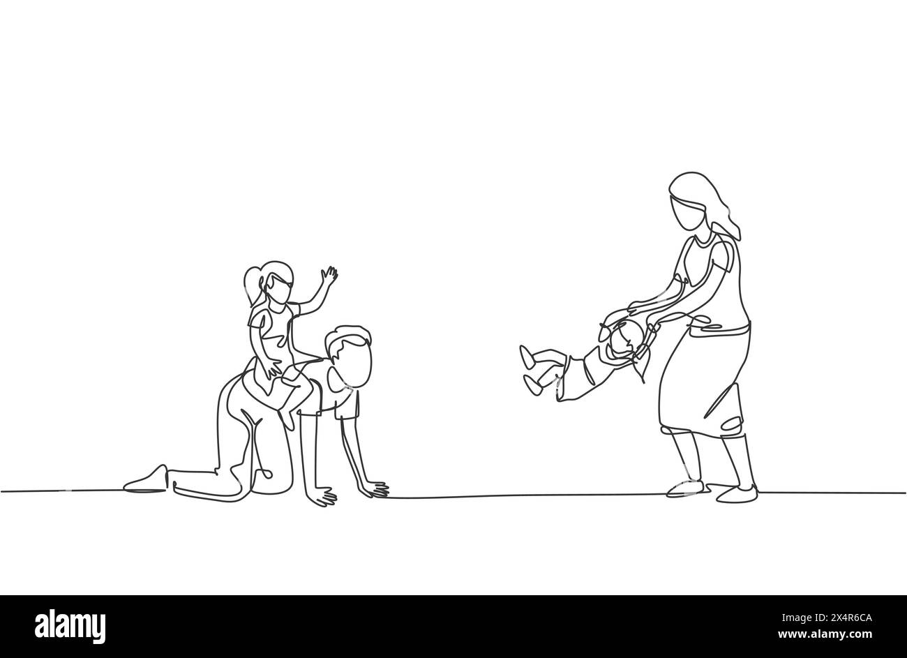 Single continuous line drawing of young mother and father playing with ...