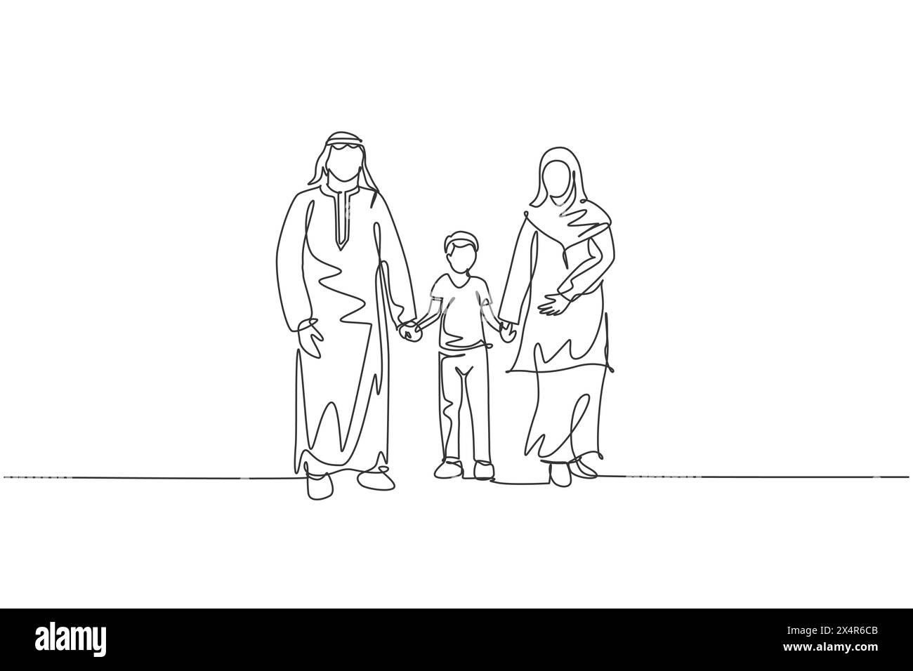 Single continuous line drawing of young Arabian mother and father walk ...