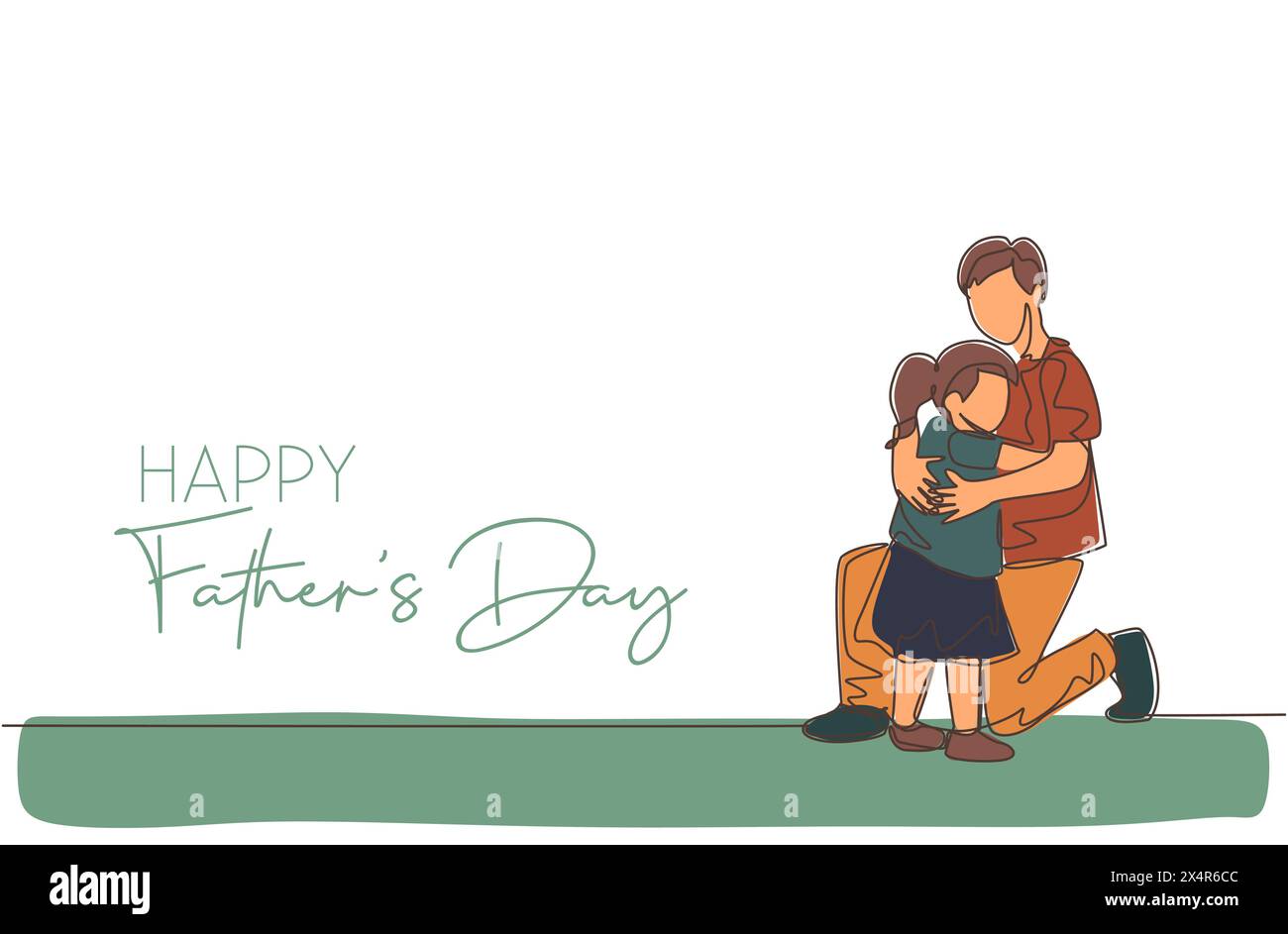 One continuous line drawing of young dad hugging his daughter before go ...