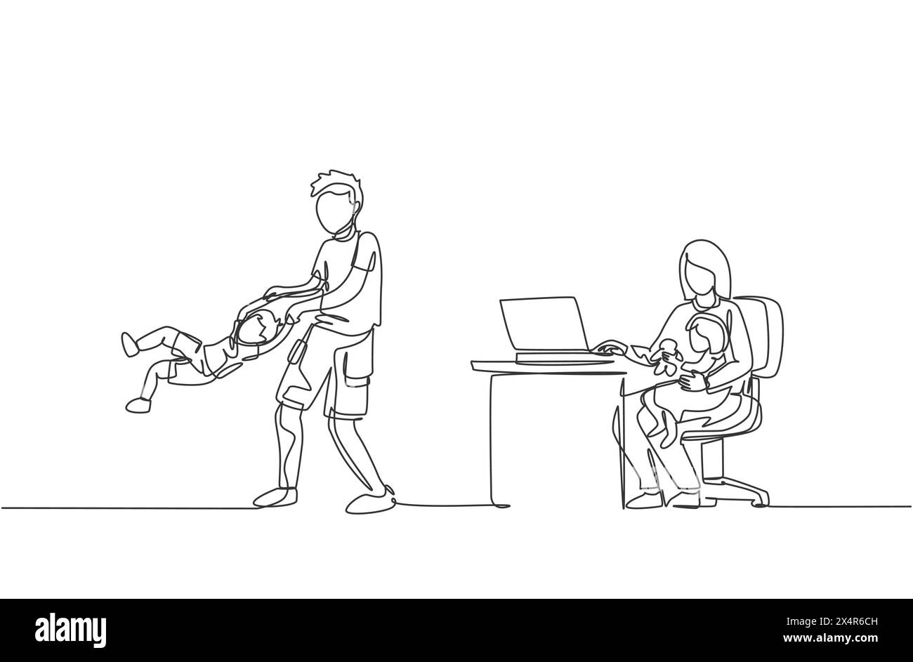 Single continuous line drawing of young mom work typing on laptop and ...