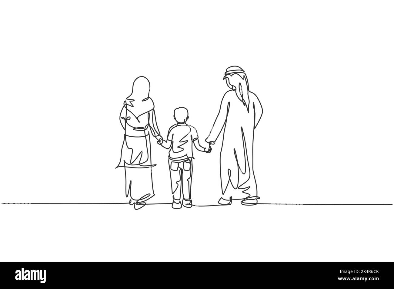 One single line drawing of young Islamic mom and dad walking together ...