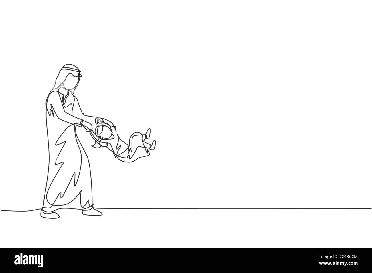 One continuous line drawing of young Arabian father play ang swing her ...