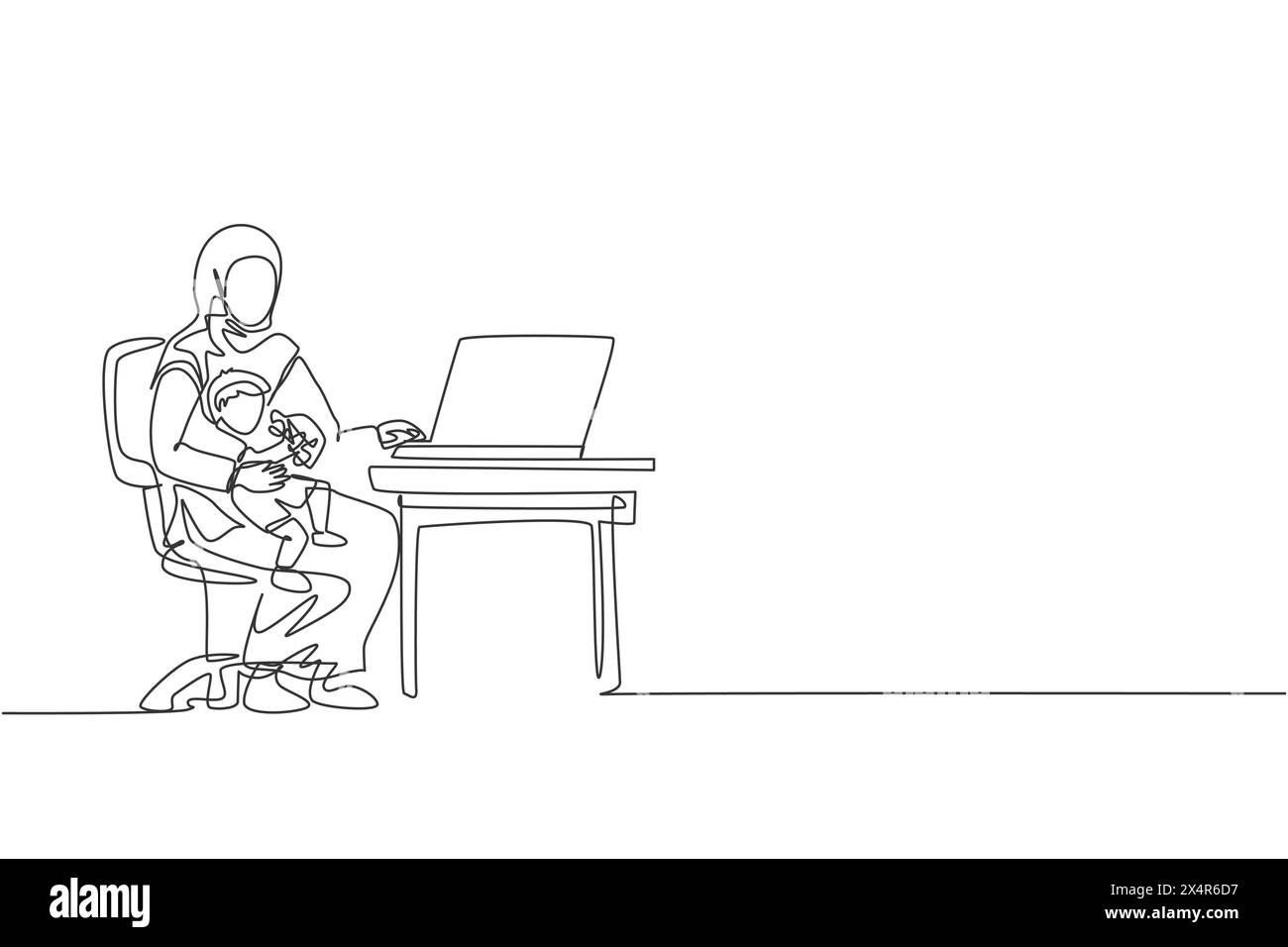 Single continuous line drawing of young Islamic mother typing on laptop ...