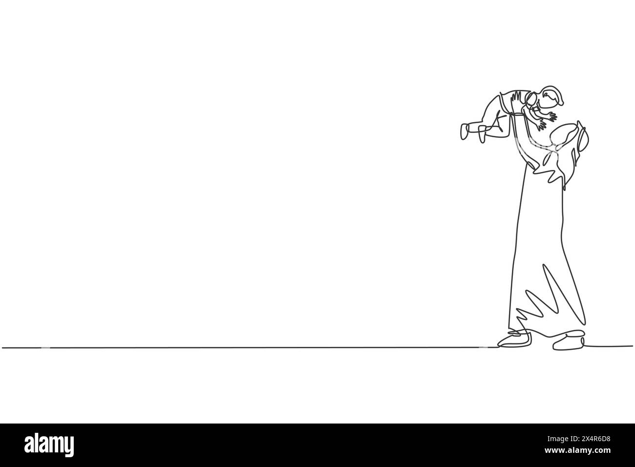 One continuous line drawing of young happy Islamic father playing and ...