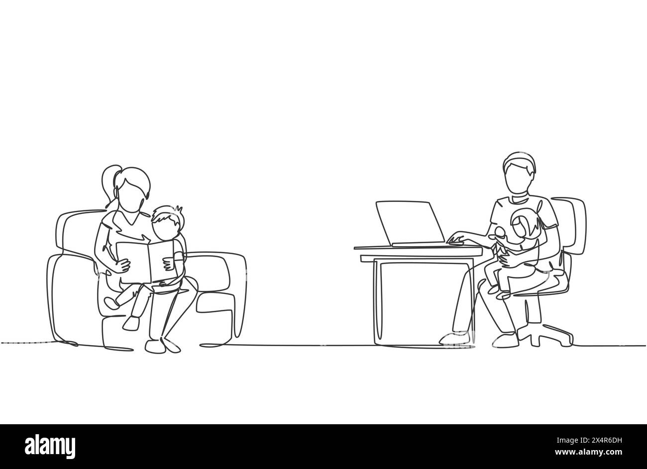 One single line drawing of young mom reading book to son and dad ...