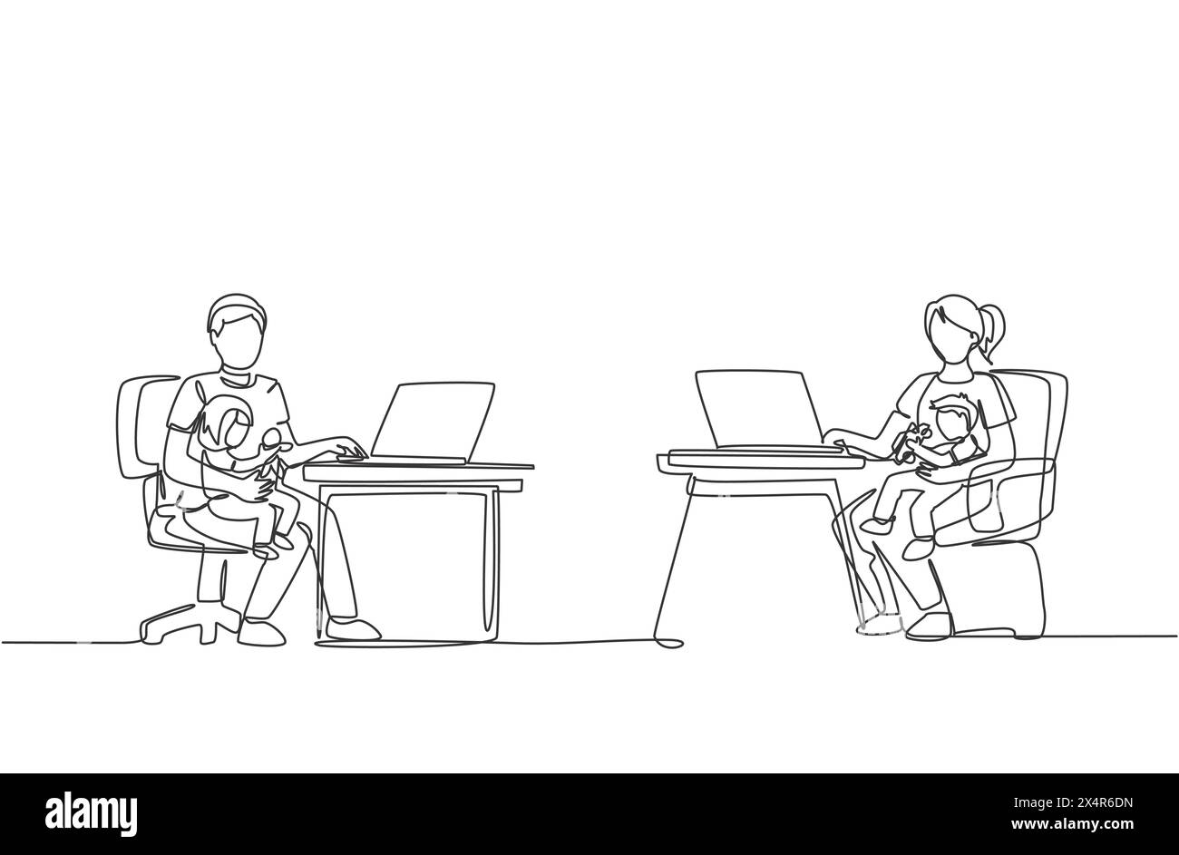 One single line drawing of young mother and father sitting on chair ...