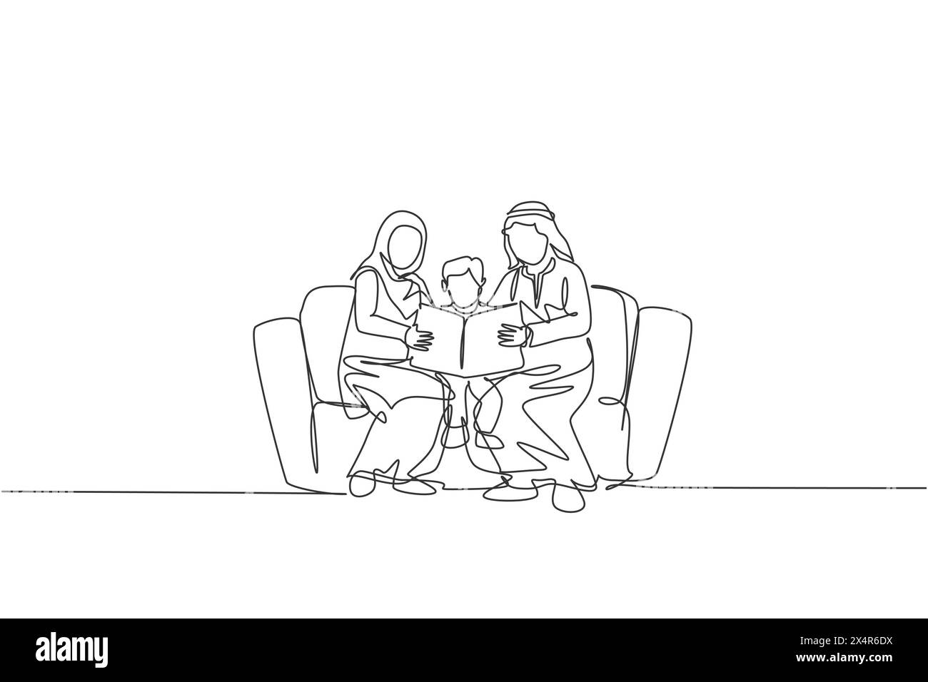 Continuous one line drawing of young Arabian parent sitting on sofa ...