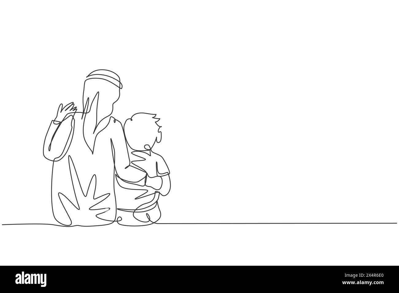 Continuous one line drawing of young Arabian dad and his son talking ...