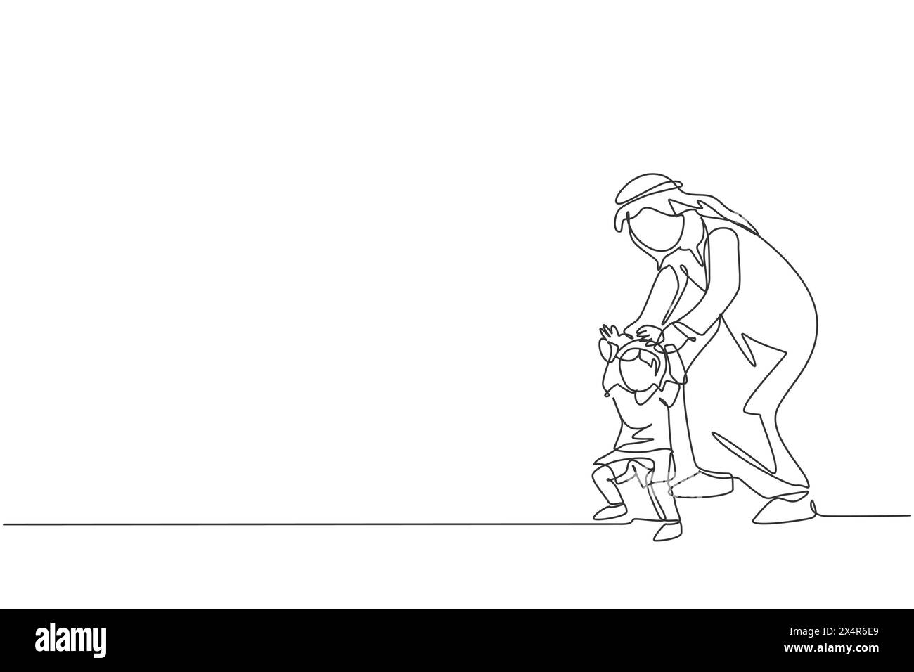Single continuous line drawing of young Arabian father holding his son ...