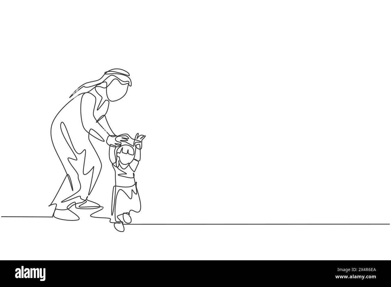 Single continuous line drawing of young Arabian dad holding his ...