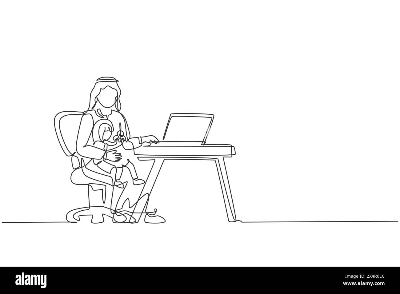 Single continuous line drawing of young Islamic dad work from home ...