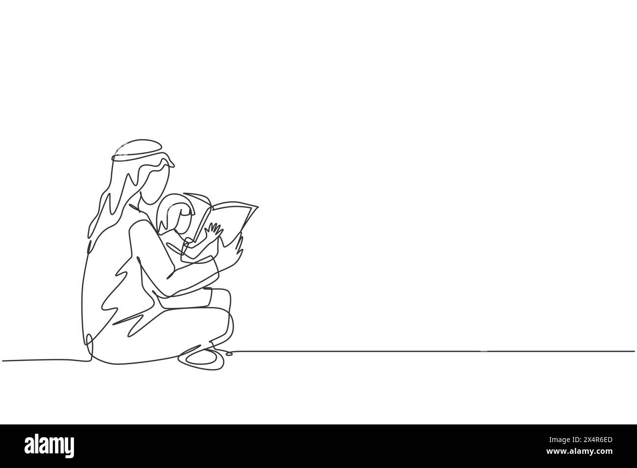 Single continuous line drawing of young Arabian dad sit on the floor ...