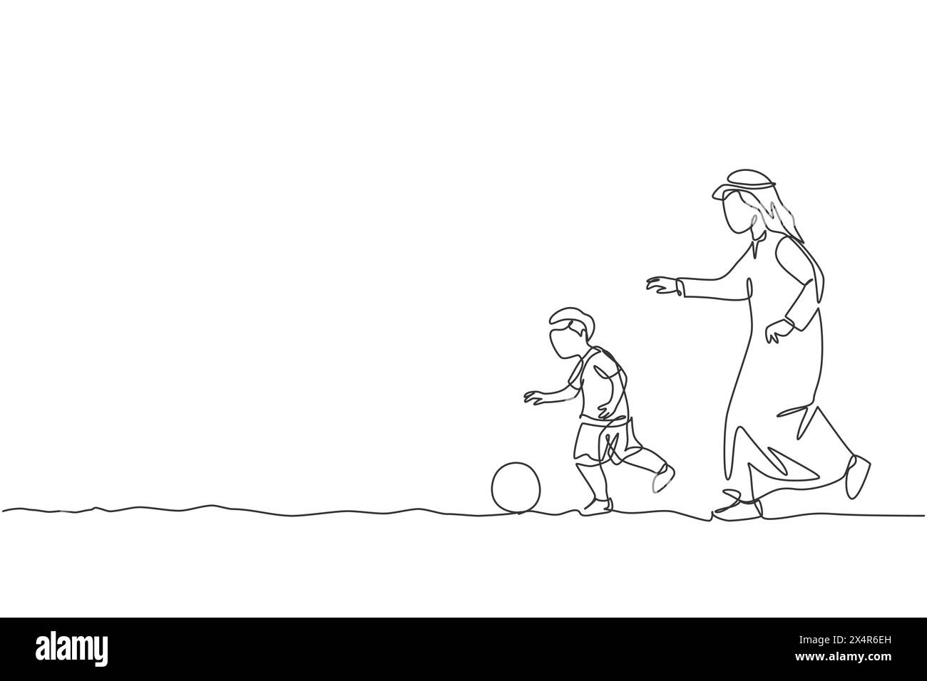 One continuous line drawing of young Arabian father and his son running ...