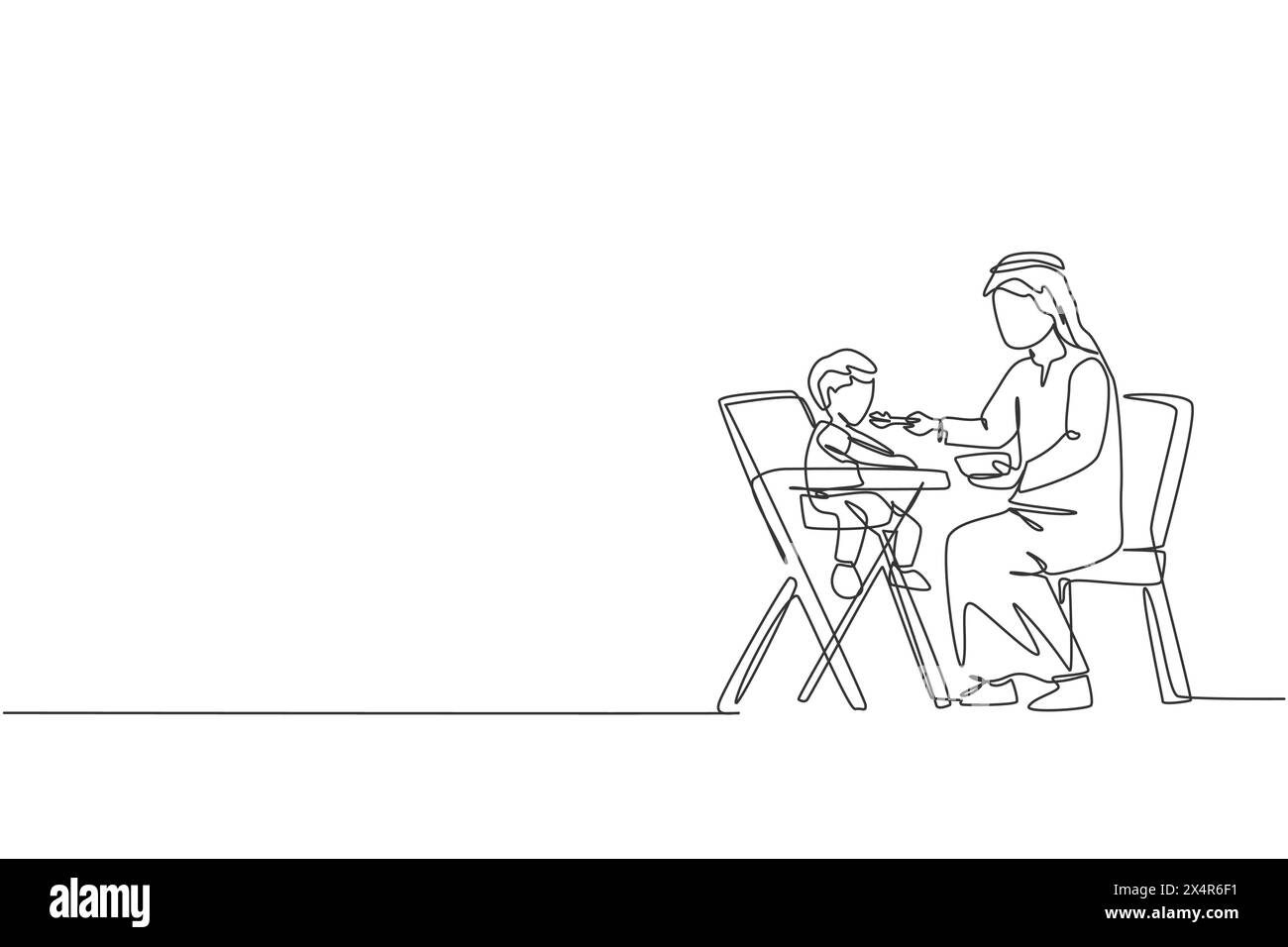 One single line drawing of young Islamic father giving food to his ...