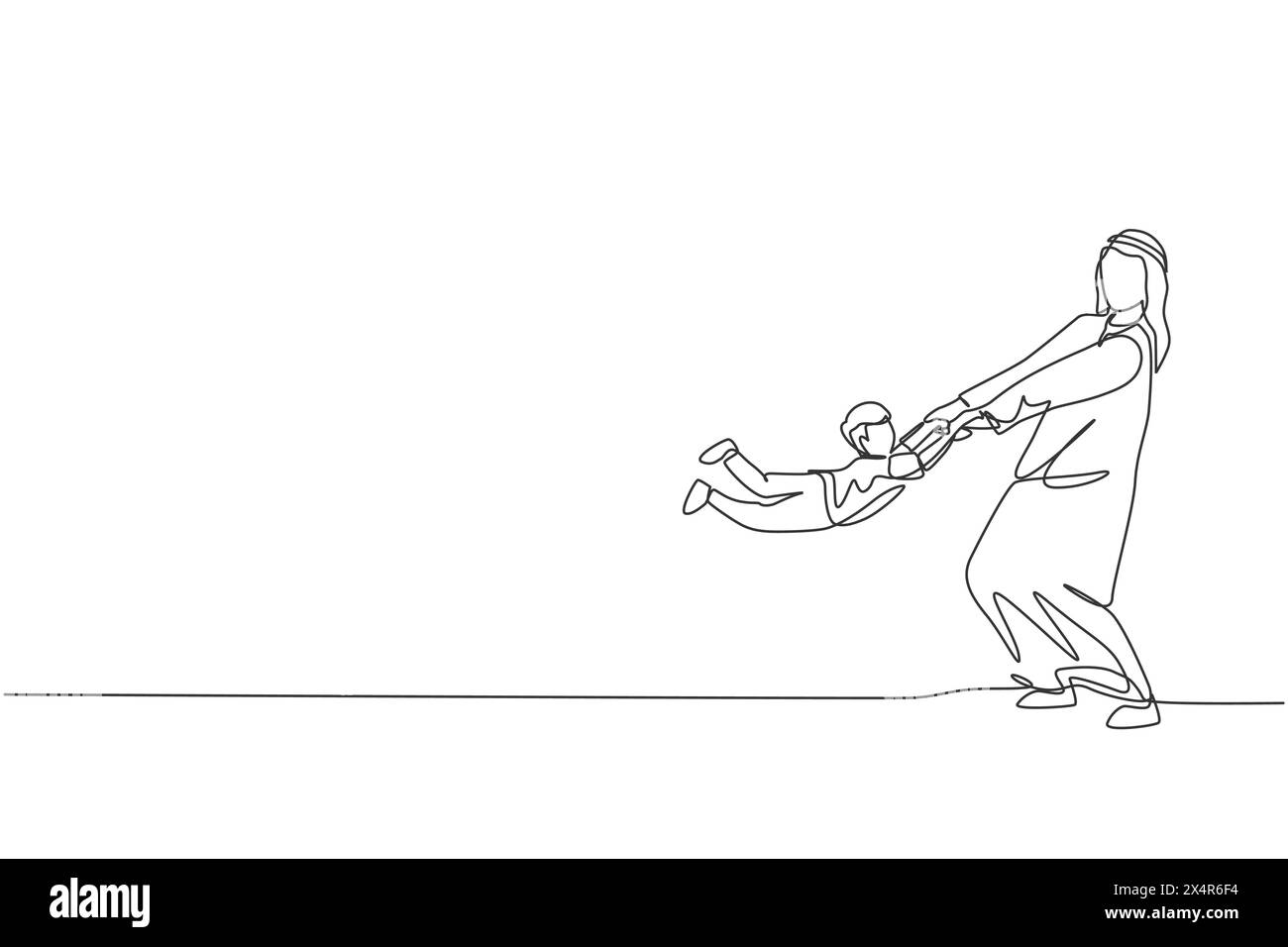 Continuous one line drawing of young Arabian father playing with his ...