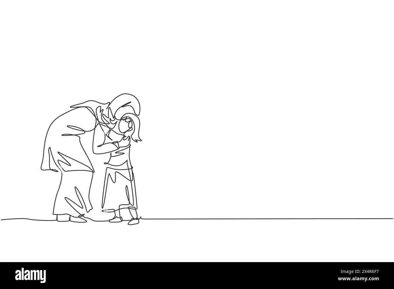 Single continuous line drawing of young Arabian mom hug daughter before go to school, happy ...