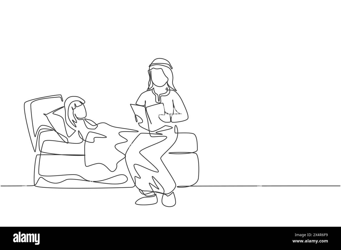 One continuous line drawing of young Arabian dad read story book to his ...