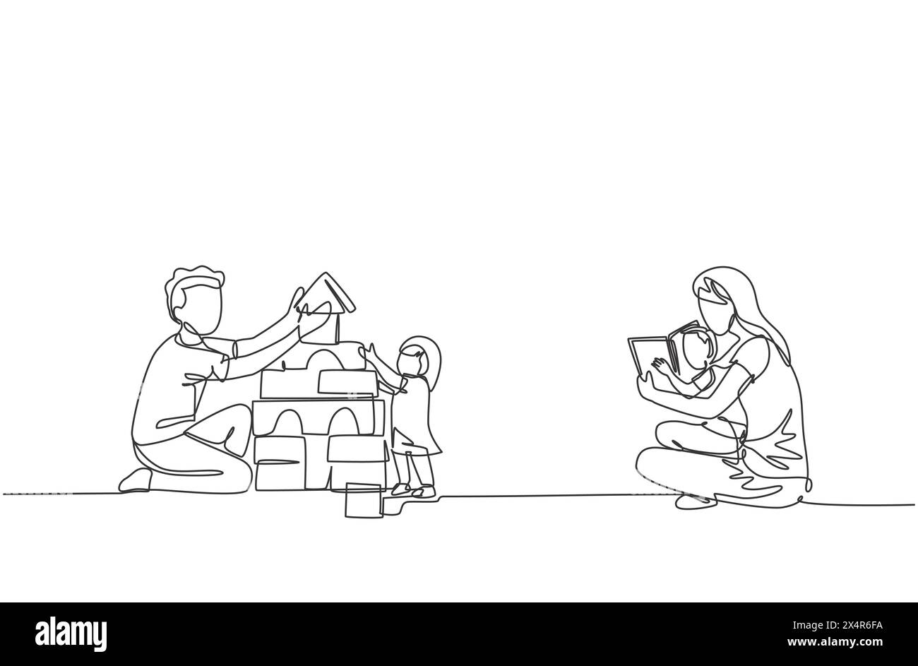 Single continuous line drawing of young mom reading book to son and dad ...