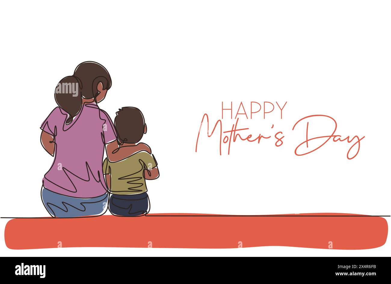 One continuous line drawing of young mother siting with his son telling ...