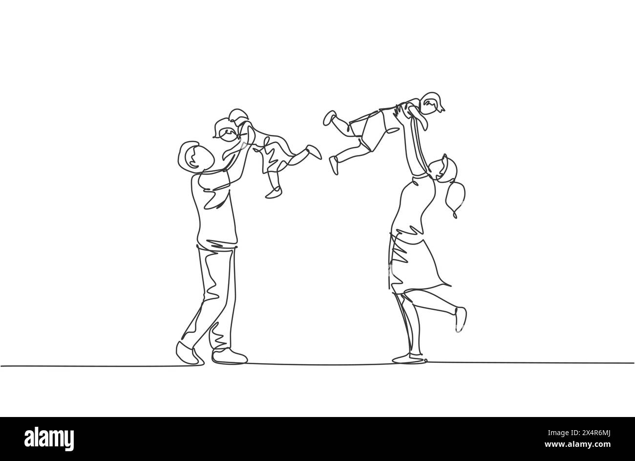 One single line drawing of young mother and father raising their son ...