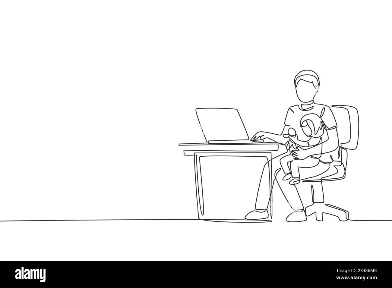 Single continuous line drawing of young dad siting on sofa and holding ...