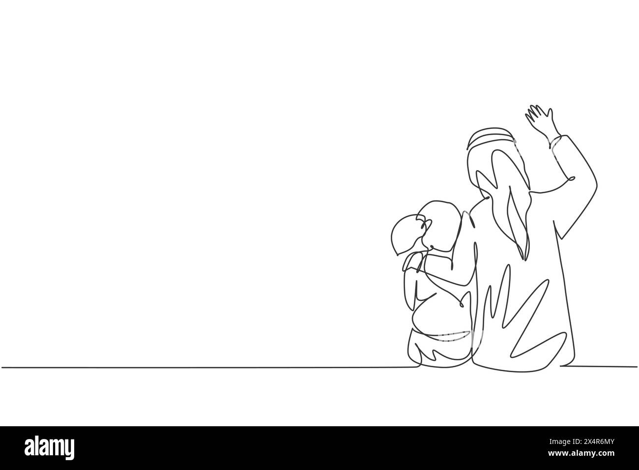 Single one line drawing young Arabian father and his daughter sitting ...