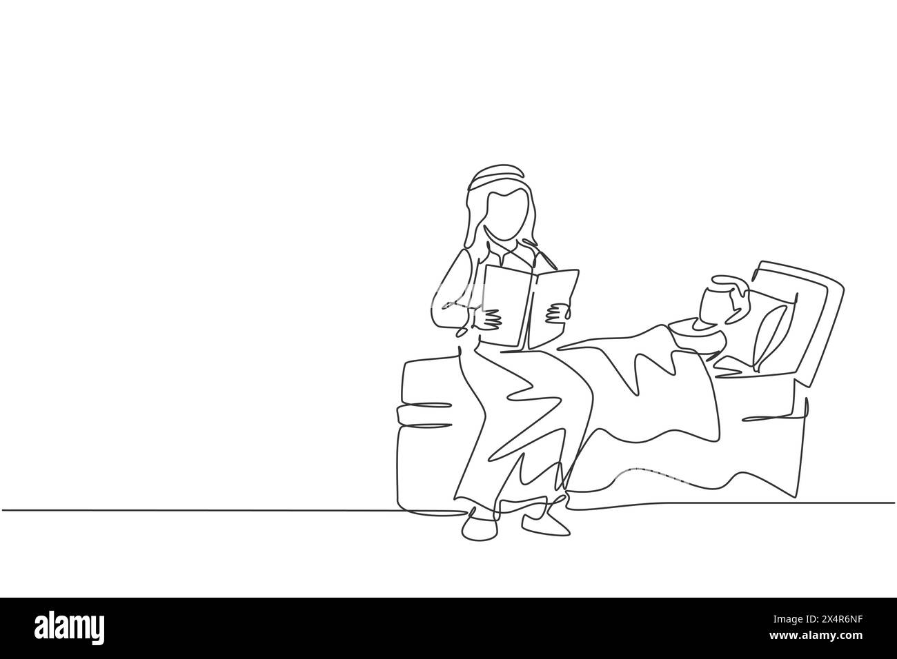 Single continuous line drawing of young Islamic father read fairy tale ...