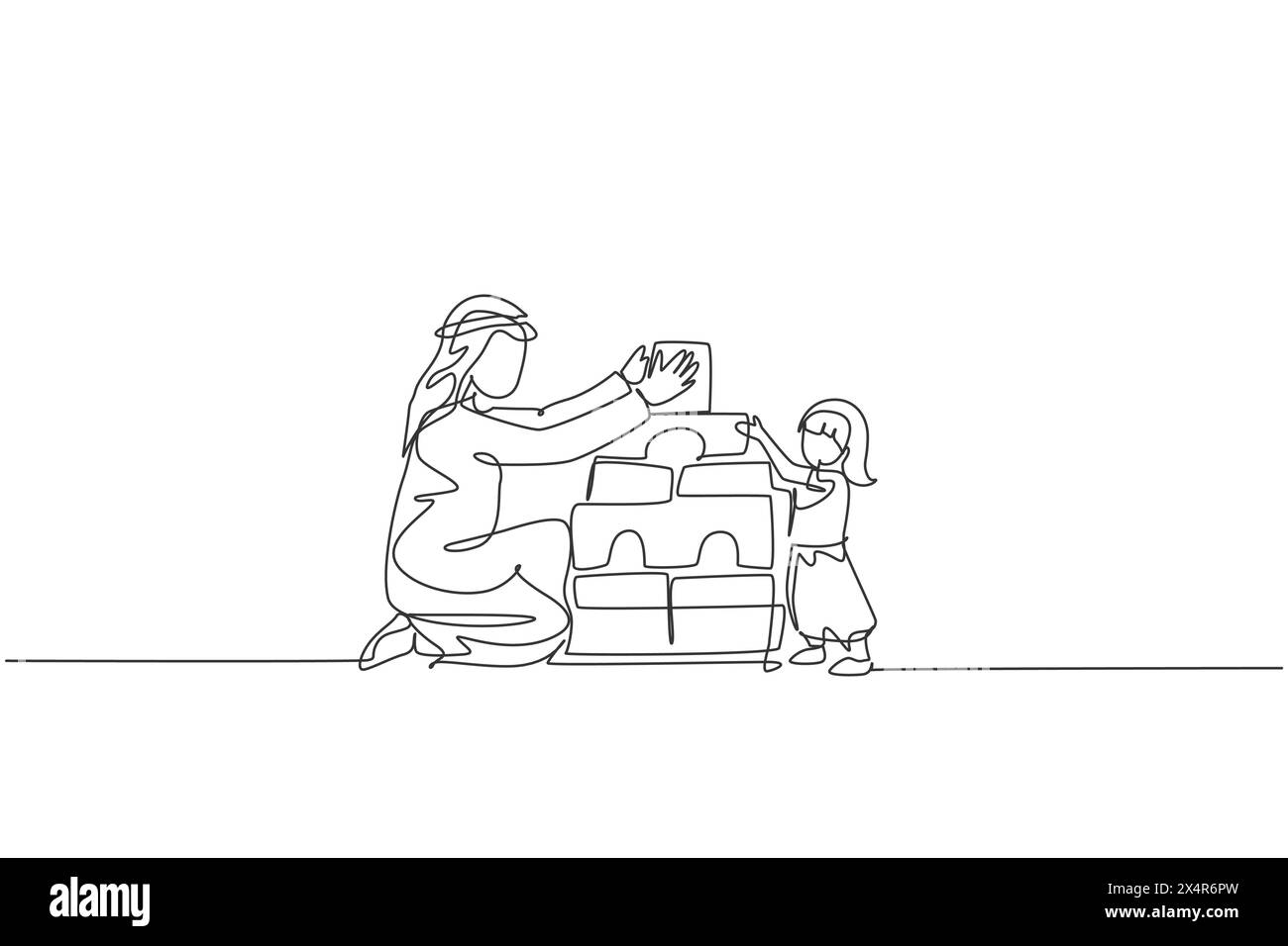 One single line drawing of young Islamic dad playing block foam puzzle ...