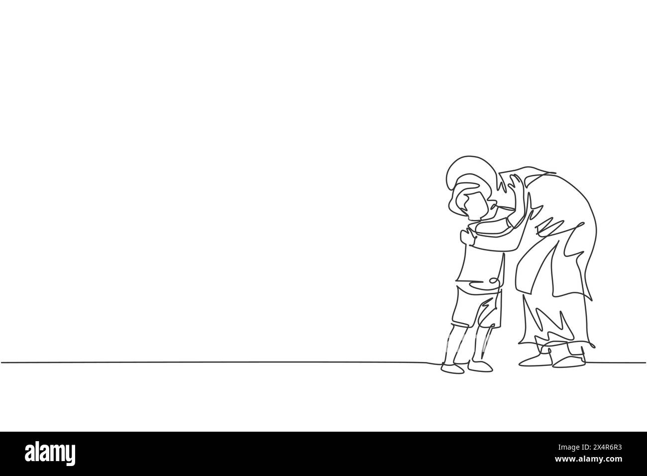One continuous line drawing of young Islamic mother hug her son before ...