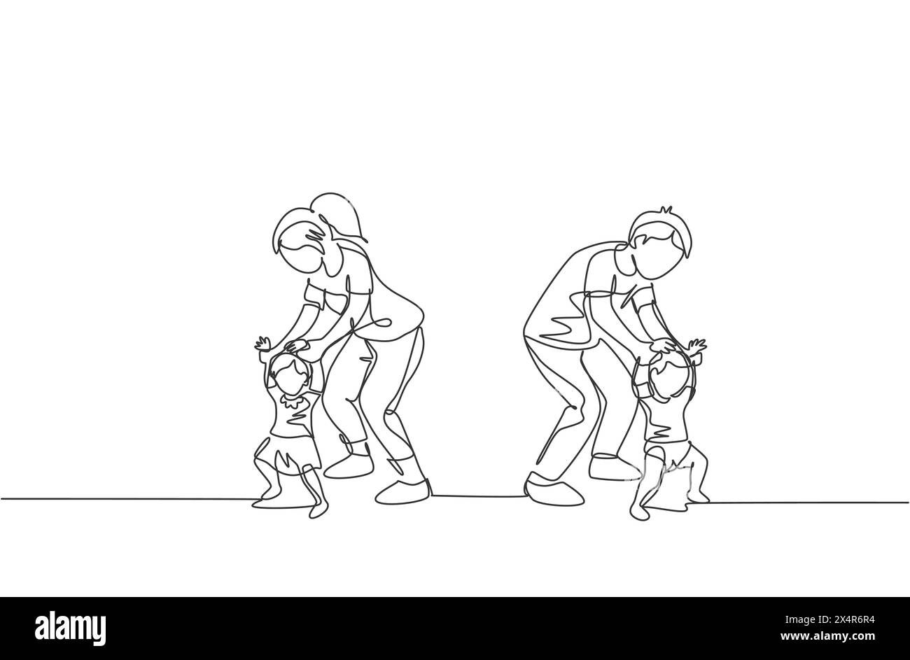 One single line drawing of young parents teaching their twin kids to ...