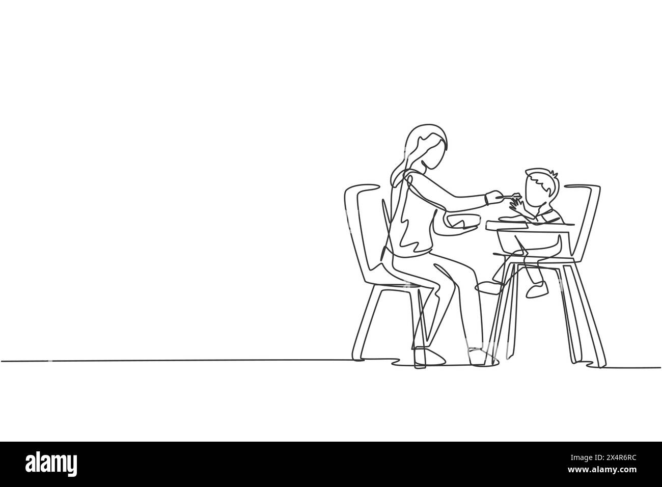 One single line drawing of young mother feeding her son a meal who sit ...