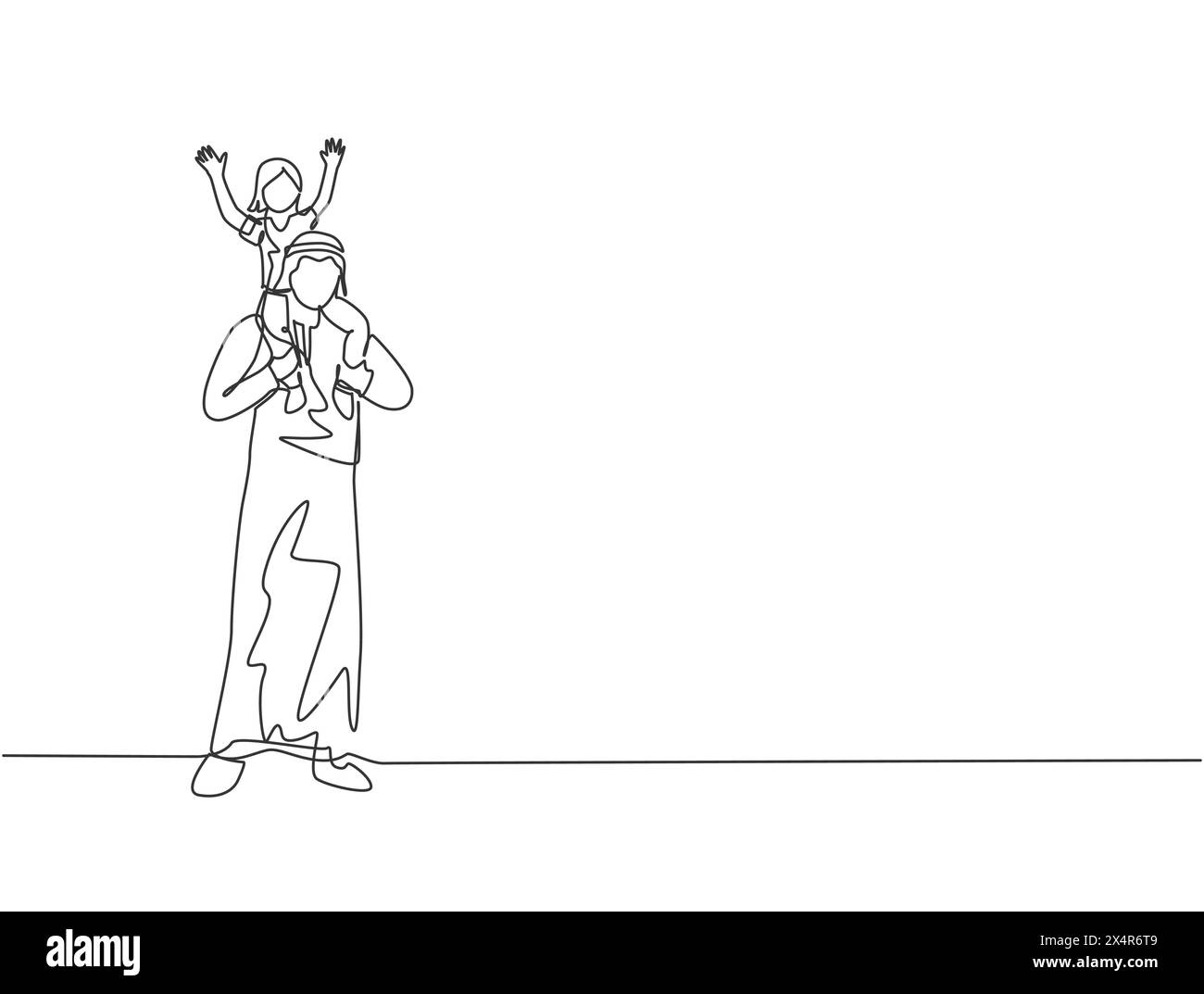 Single continuous line drawing of young Arabian dad holding his ...