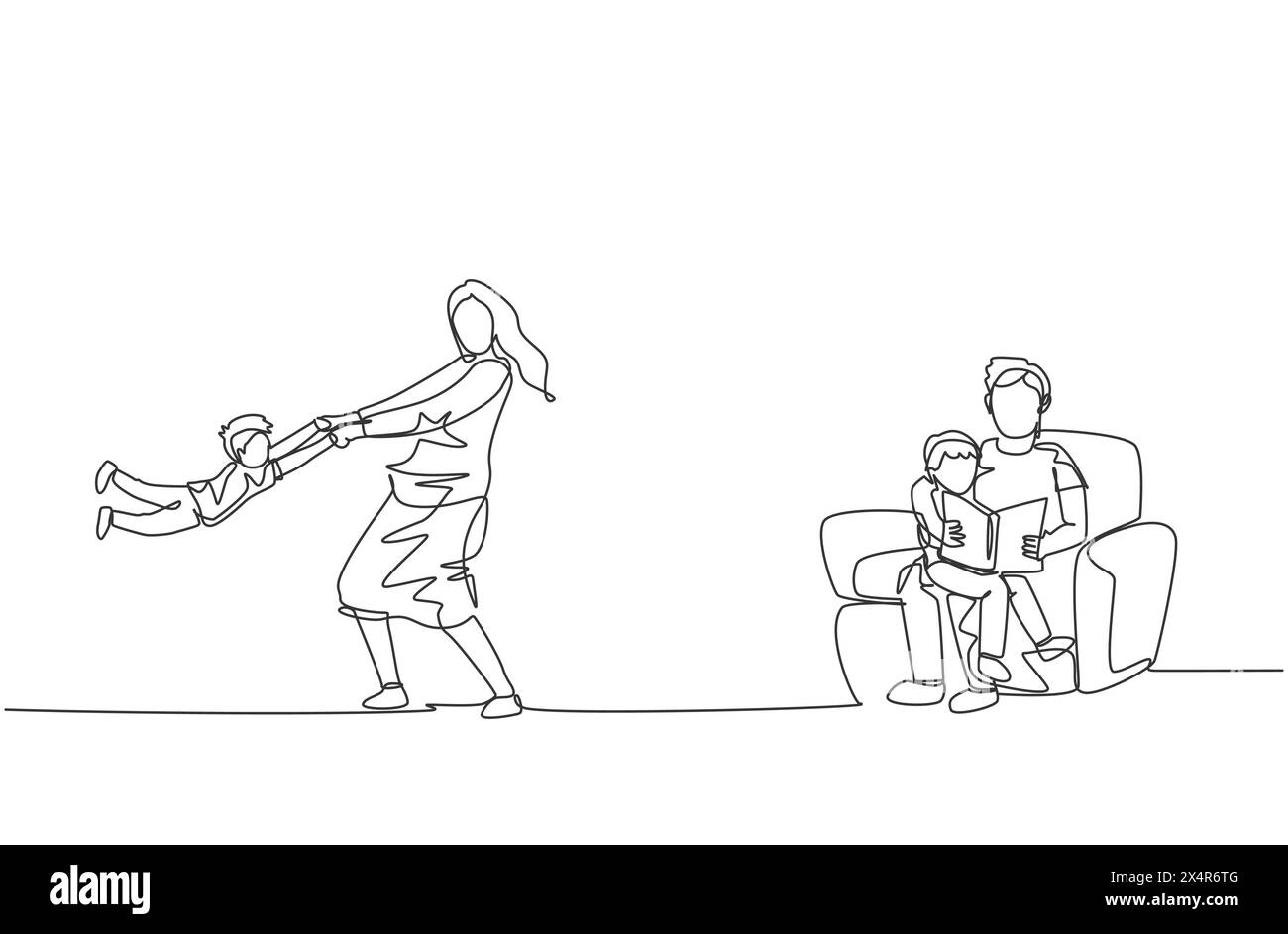 Single continuous line drawing of young father sitting on sofa and ...