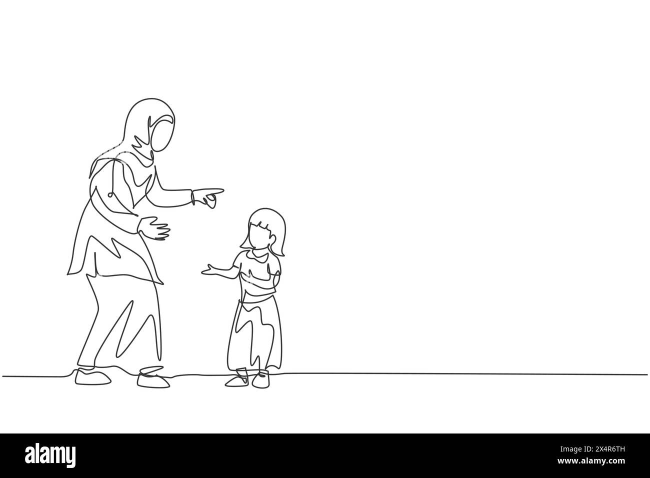 One continuous line drawing of young Arabian mom talk and reprimand her ...