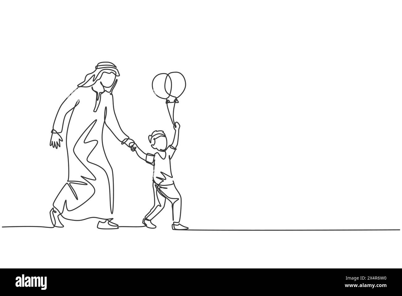 One single line drawing of young Islamic father accompany his son who ...
