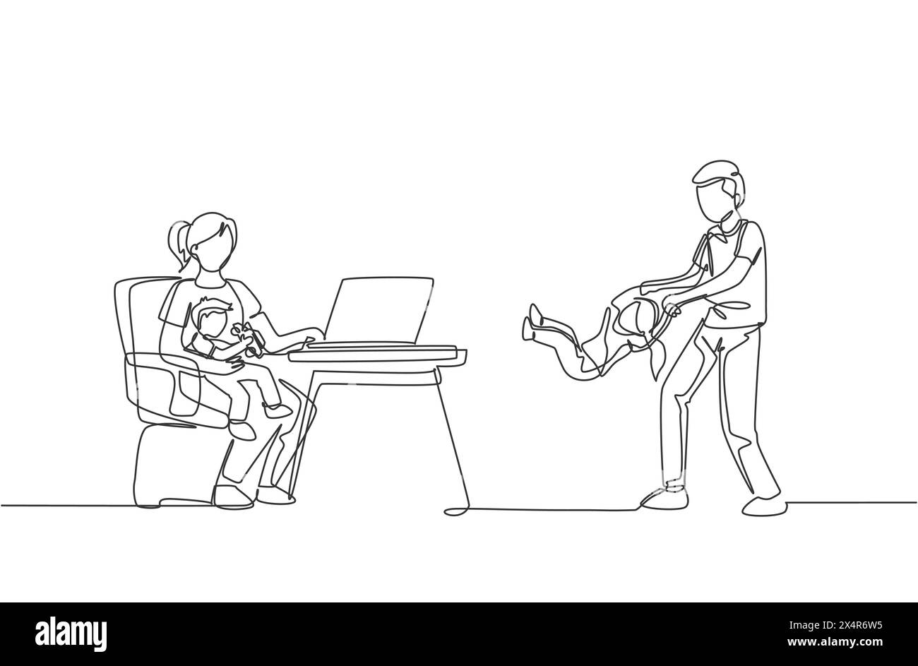 One continuous line drawing of young mother work typing on laptop and ...